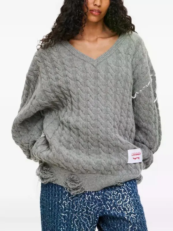 CHARLES JEFFREY Lambswool Blend Cable Knit V-neck Sweater