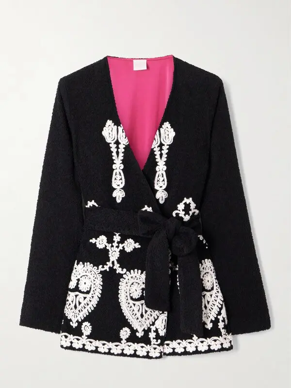 Loretta Caponi Elbaite Belted Embroidered Wool-blend Bouclé Jacket - Black