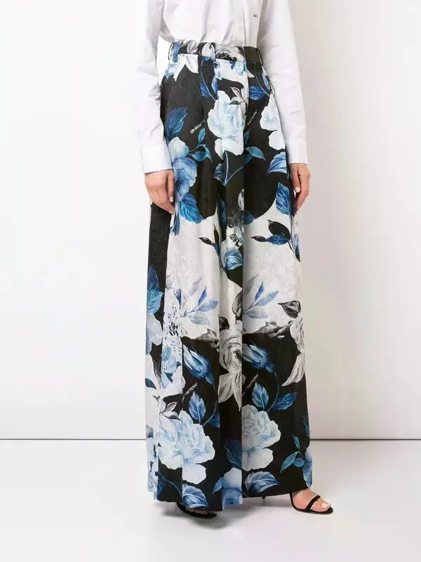 Off-White Floral Silk Palazzo Trousers - Black