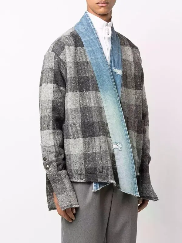 GREG LAUREN Denim-trim Checked Shirt Jacket