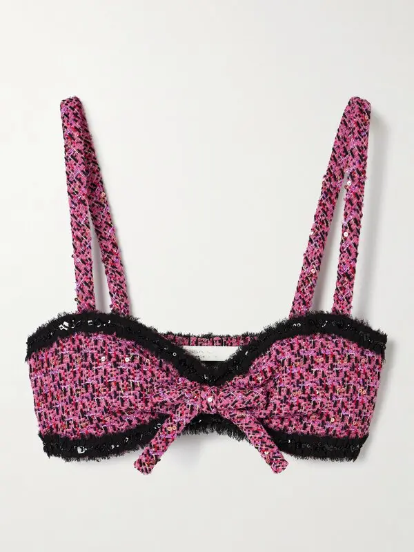 Alessandra Rich Embellished Frayed Chiffon-trimmed Metallic Tweed Bralette - Pink