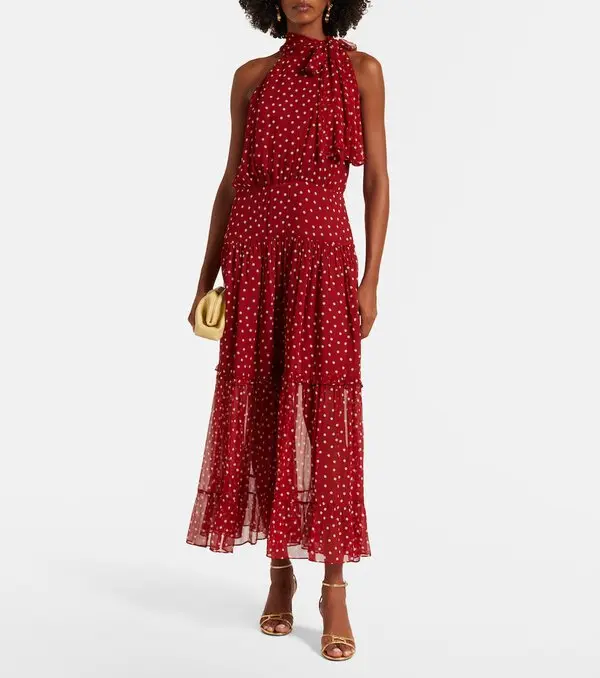 Rixo Abi Polka-dot Chiffon Midi Dress - Red