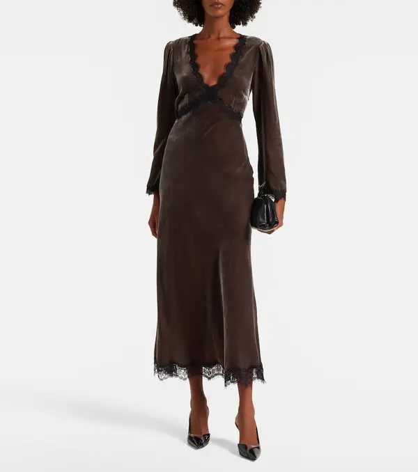 Rixo Alesha Lace-trimmed Velvet Midi Dress