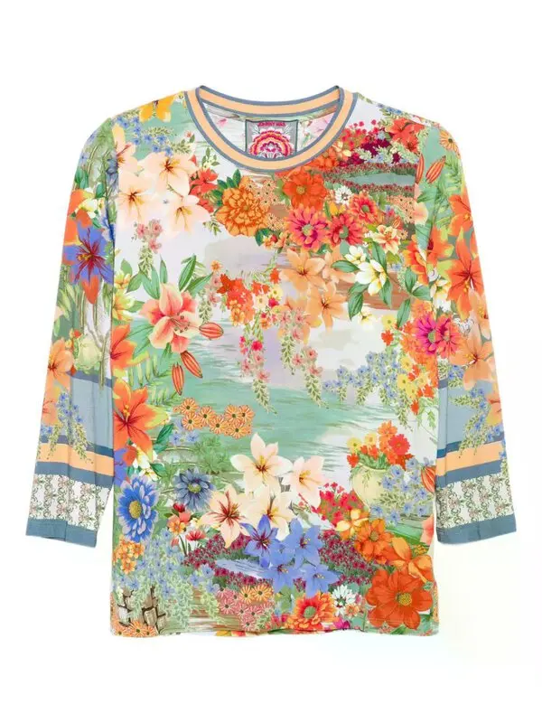 Johnny Was Janie 3/4 Sleeve Crew Neck T-shirt With Floral Print