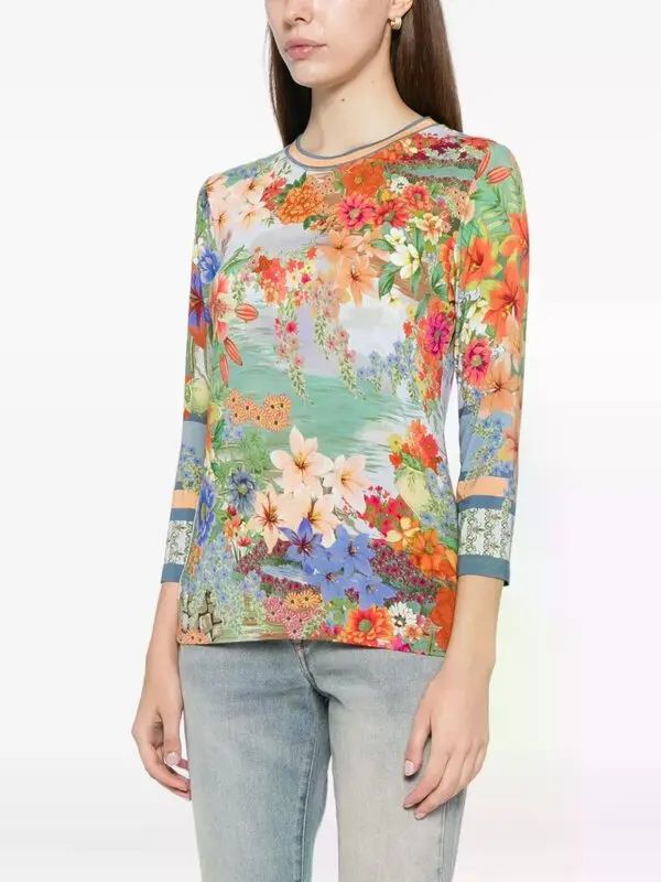 Johnny Was Janie 3/4 Sleeve Crew Neck T-shirt With Floral Print