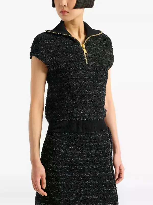 Balmain Textured Knit Half-zip Top - Black