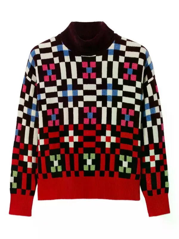 La DoubleJ Geometric Pattern High Neck Sweater - Red