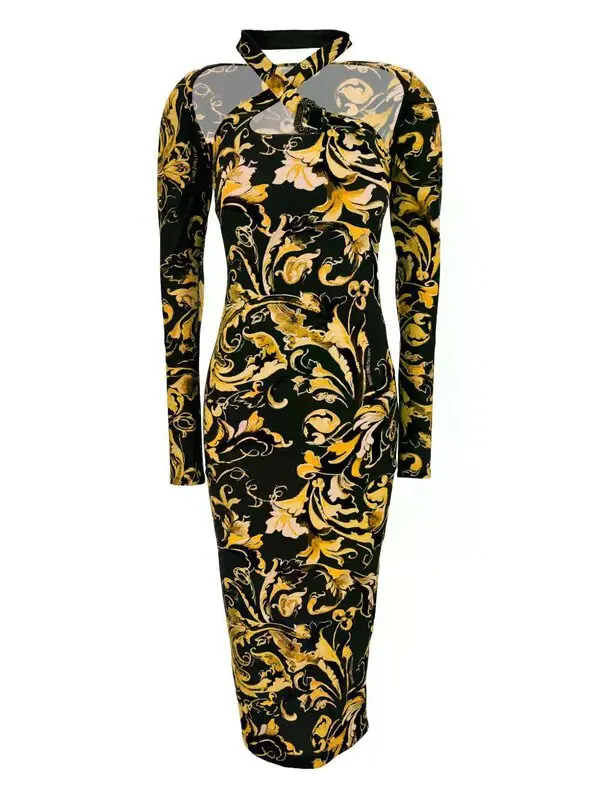 Versace Barocco Print Long Sleeve Midi Dress - Black