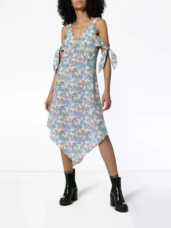 DELADA Floral Print Cold-shoulder Silk Midi Dress