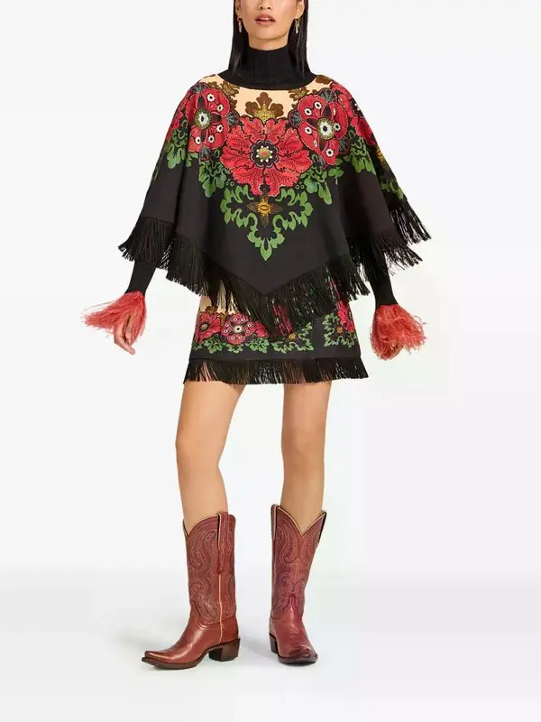 La DoubleJ Floral Print Fringed Poncho - Brown