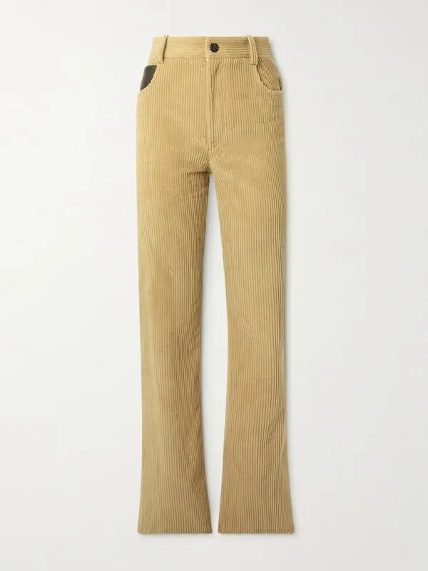 Bottega Veneta Leather-trimmed Cotton-corduroy Straight-leg Trousers - Neutrals