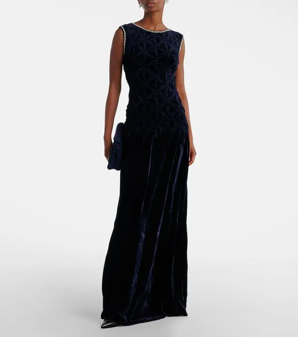 Costarellos Embellished Velvet Gown