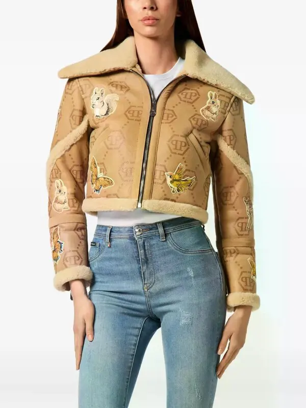 Philipp Plein Shearling Monogram Embroidered Jacket