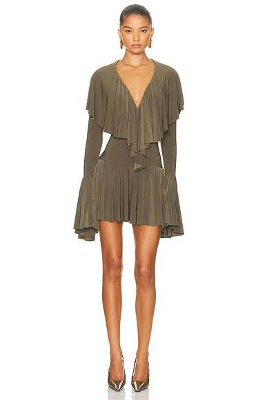 Norma Kamali Long Sleeve Deep V Ruffle Mini Dress