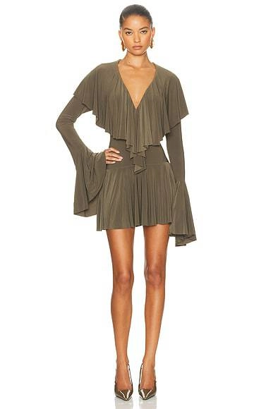 Norma Kamali Long Sleeve Deep V Ruffle Mini Dress