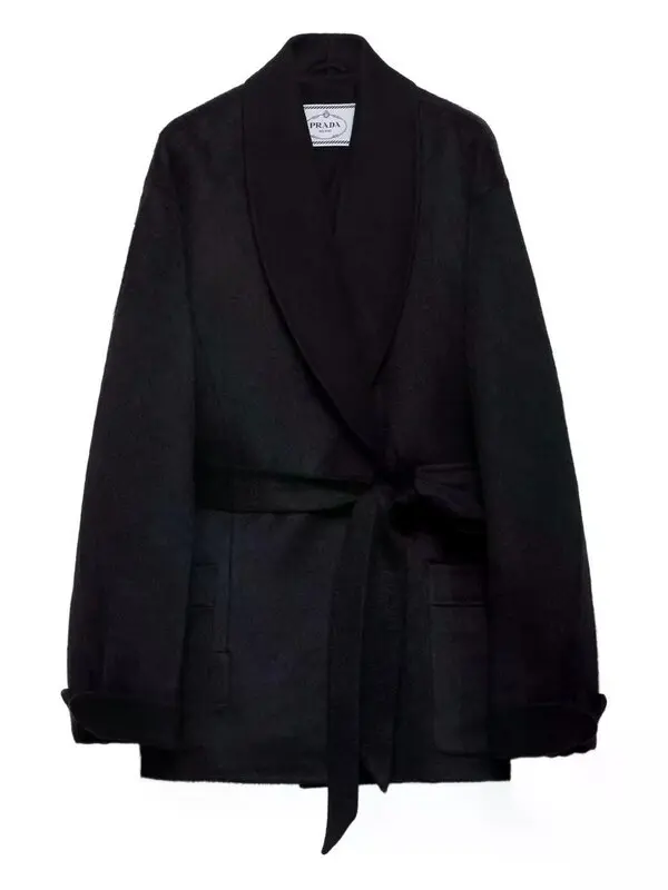 Prada Shawl Collar Belted Wool Coat - Black
