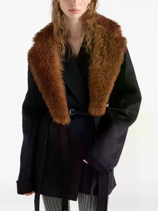 Prada Shawl Collar Belted Wool Coat - Black