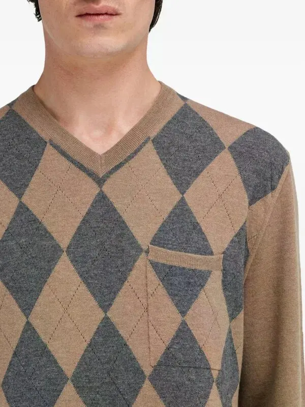 FERRAGAMO V-neck Argyle Virgin Wool Sweater - Neutrals