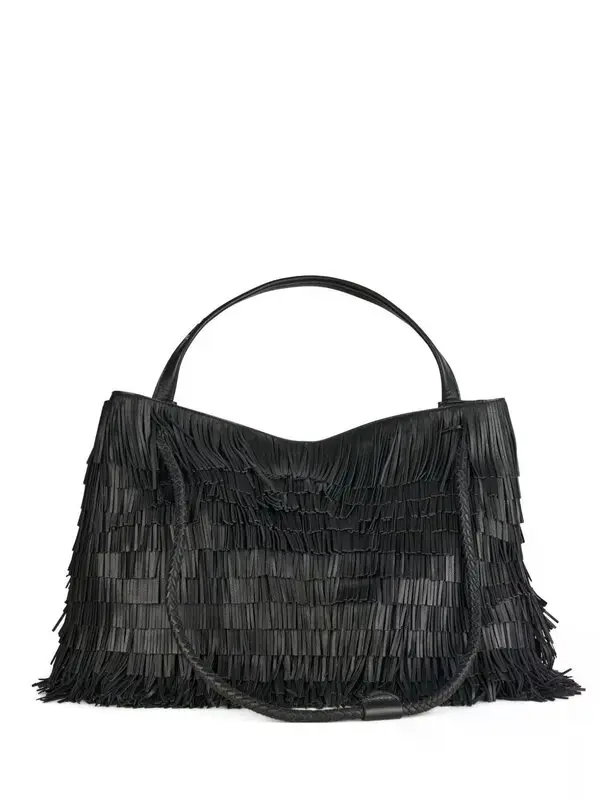 VISONA` Fringe-edges Leather Tote - Black