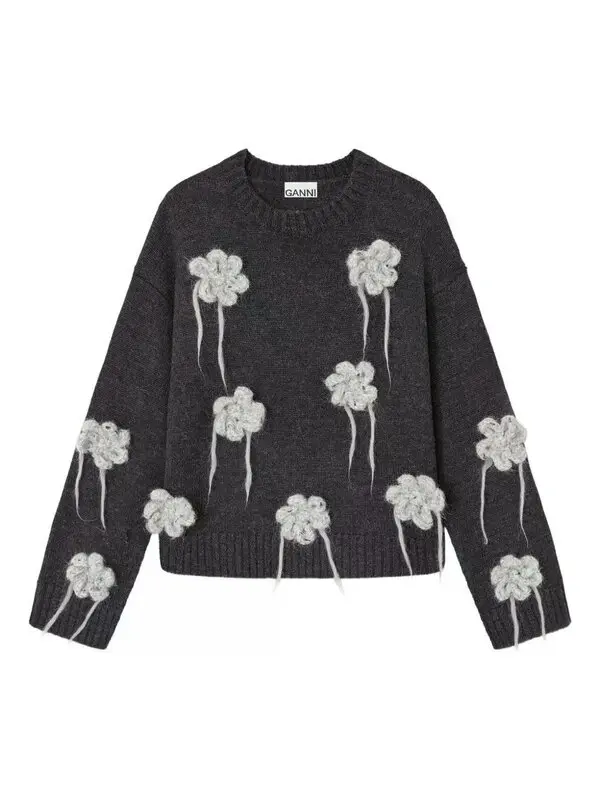 GANNI Flower-embellished Crew Neck Sweater - Grey