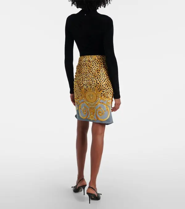 Versace Gathered Jersey Miniskirt With Barocco Print