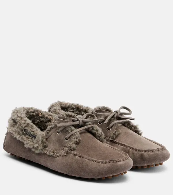 Brunello Cucinelli Monili Shearling-trimmed Suede Moccasins - Grey