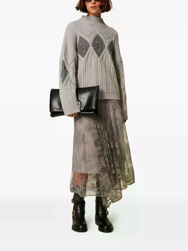 TWINSET Cable Knit Intarsia High Neck Jumper - Grey