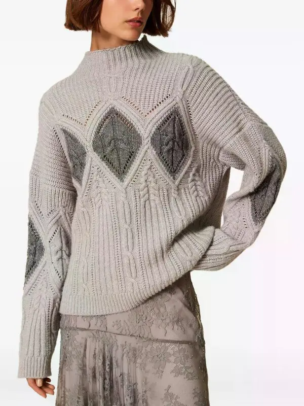 TWINSET Cable Knit Intarsia High Neck Jumper - Grey