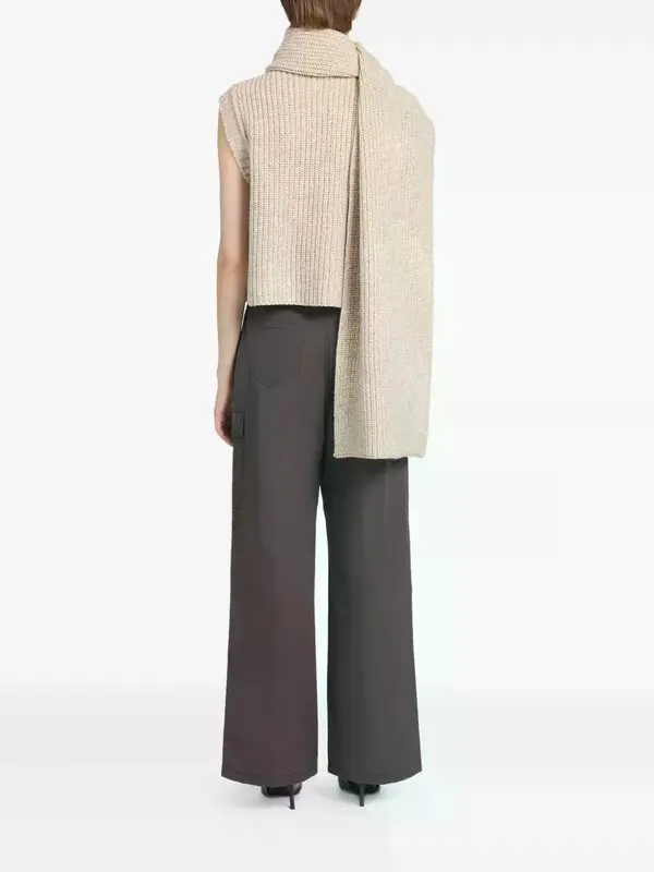 Ports 1961 Ribbed Knit Sleeveless Top With Asymmetric Drape Scarf Detail - Neutrals