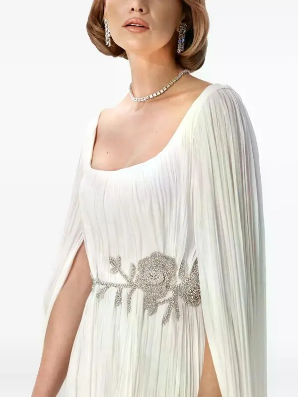 ANA RADU Pleated Maxi Dress With Cape Sleeves And Rose Embellishment