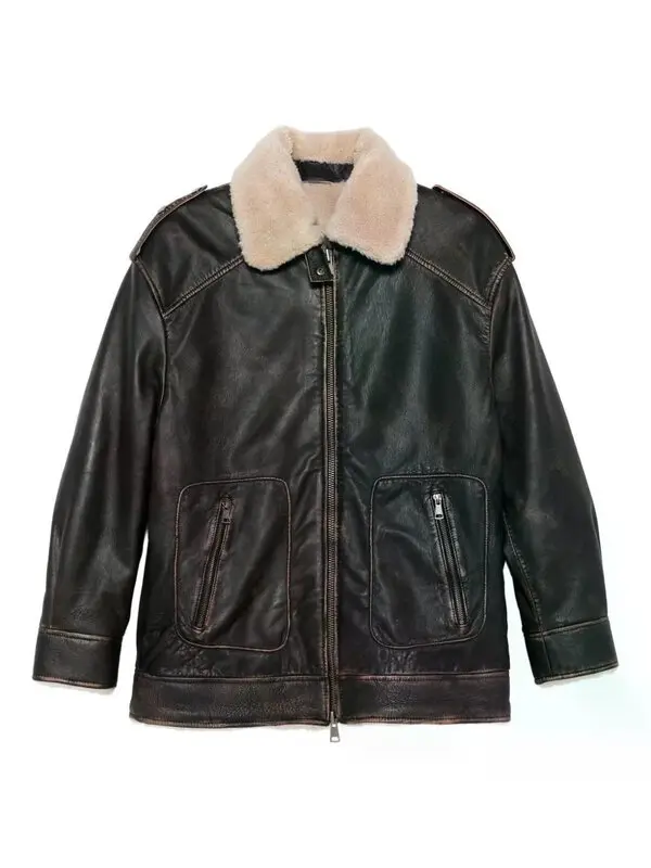 ERALDO Shearling Collar Leather Jacket - Brown