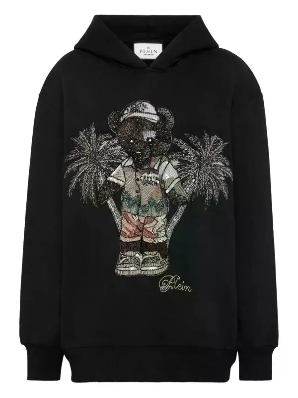 Philipp Plein Teddy Bear Embellished Cotton Fleece Hoodie - Black