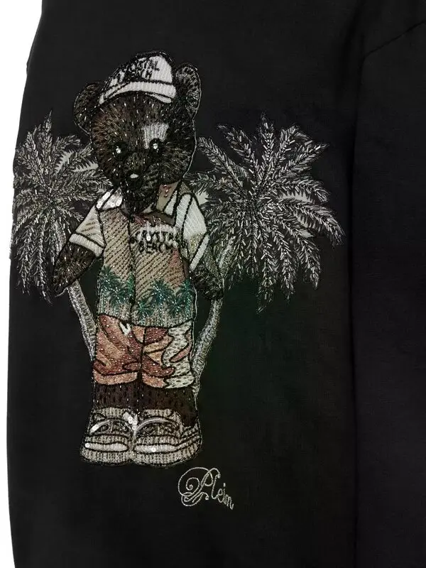 Philipp Plein Teddy Bear Embellished Cotton Fleece Hoodie - Black