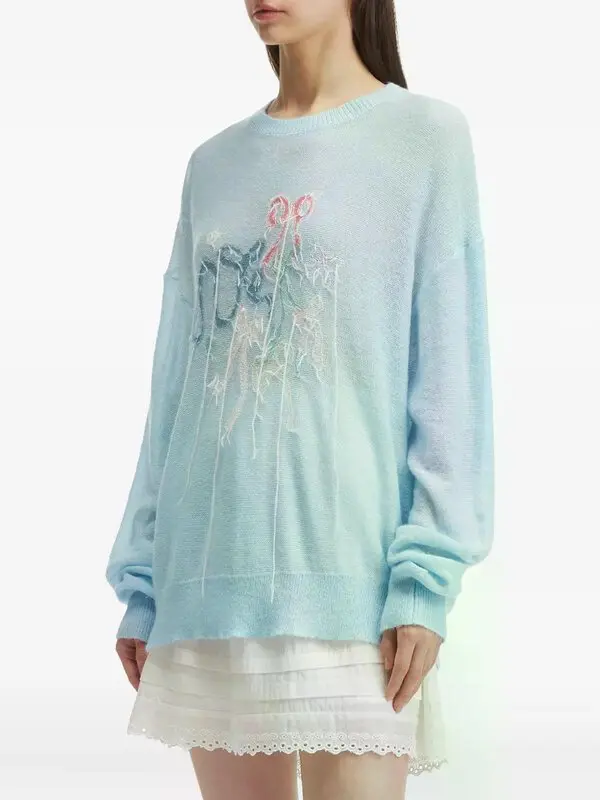 B+AB Crew Neck Long Sleeve Sweater With Frayed Bows - Blue