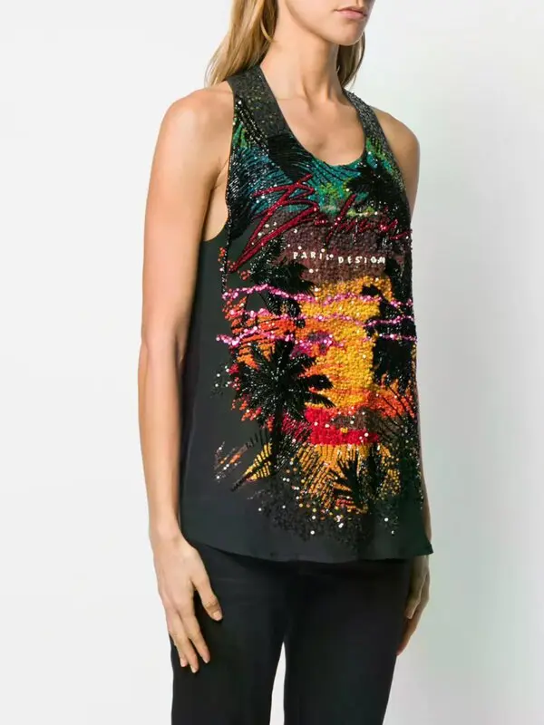 Balmain Sequined Palm Tree Embellished Tank Top