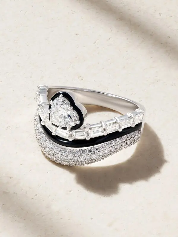 KAMYEN 18-karat White Gold, Diamond And Enamel Heart Ring - Silver