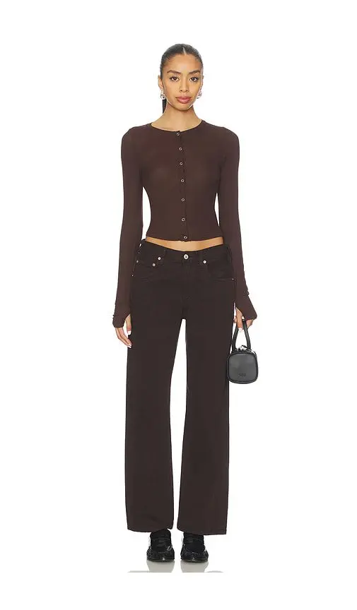 Michael Lauren Long Sleeve Snap Front Ribbed Tee - Brown