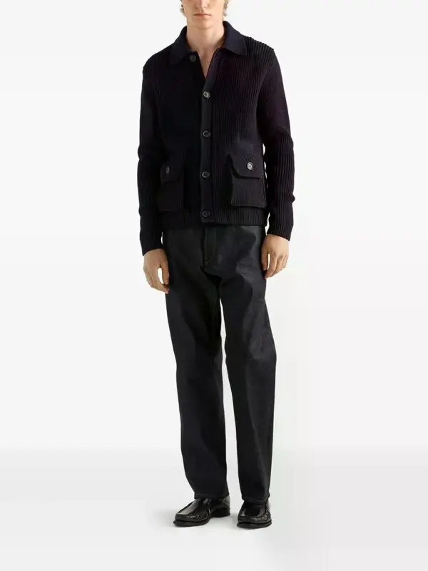 Prada Ribbed Knit Cardigan With Flap Pockets
