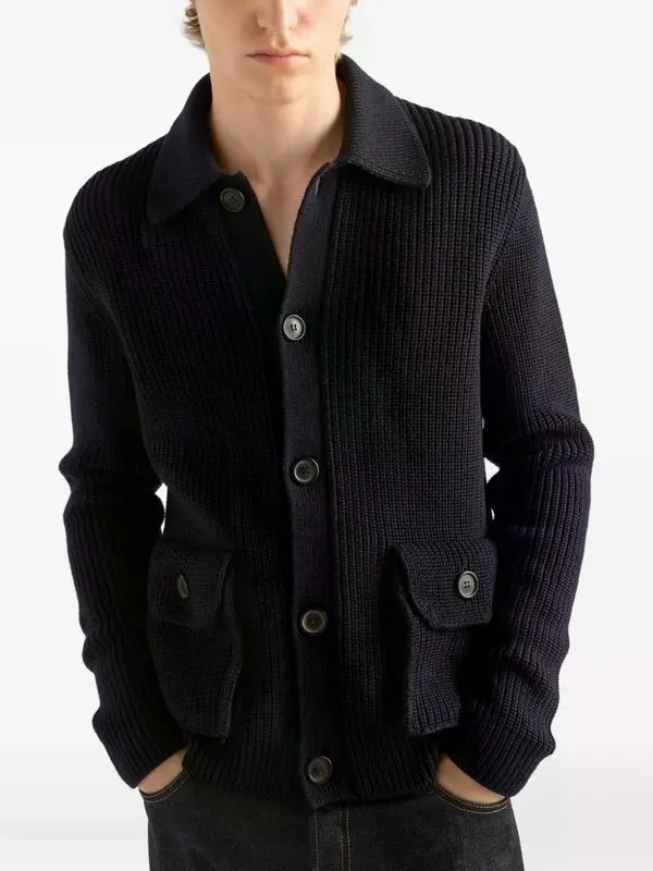 Prada Ribbed Knit Cardigan With Flap Pockets