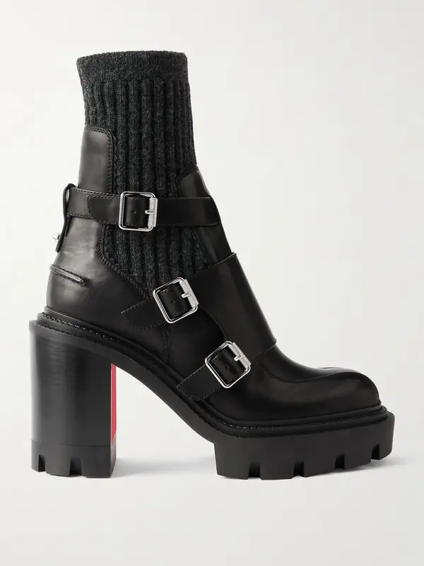 CHRISTIAN LOUBOUTIN Cortinetta College Ribbed-knit Trimmed Leather Ankle Boots - Black