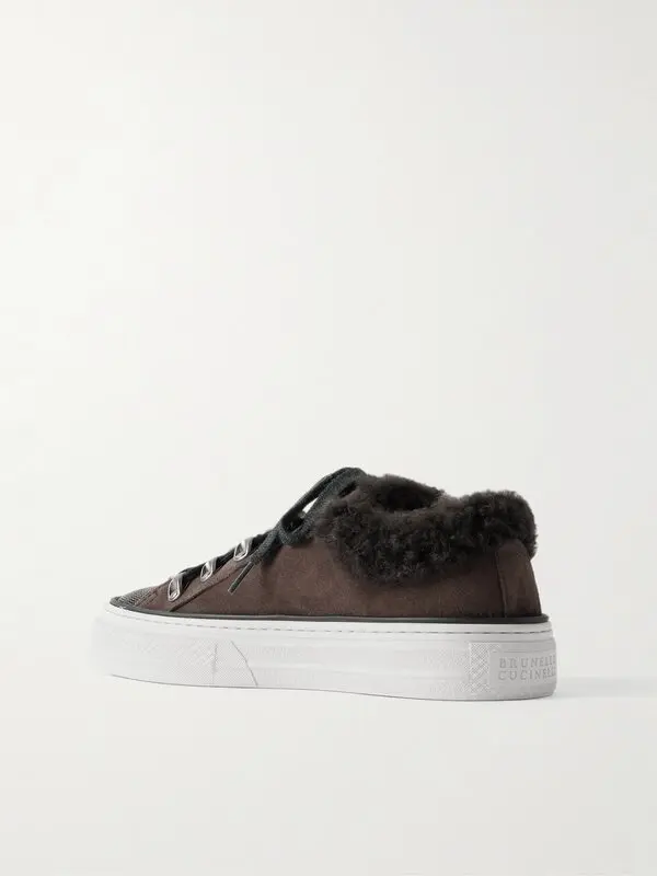 Brunello Cucinelli Embellished Shearling-lined Suede Sneakers
