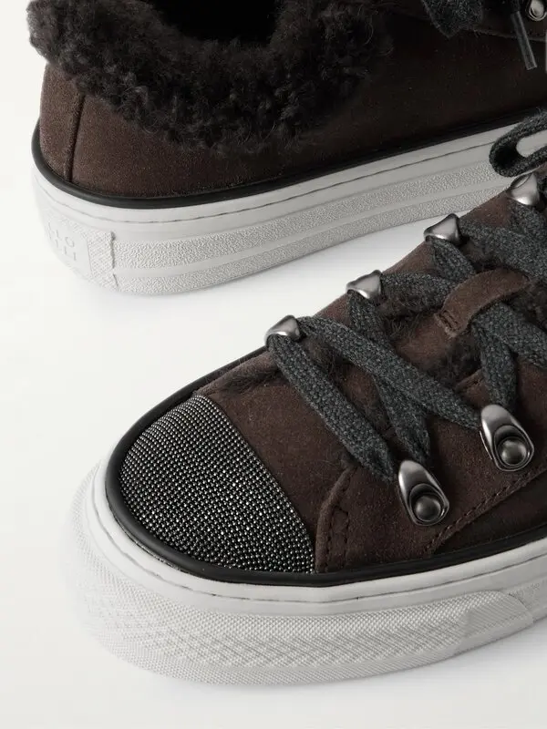 Brunello Cucinelli Embellished Shearling-lined Suede Sneakers