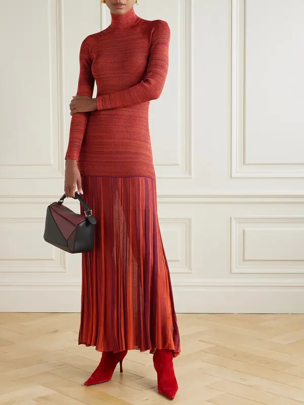 Christopher John Rogers Pleated Ribbed-knit Turtleneck Gown