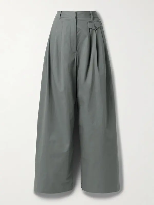 Tibi Pleated Cotton-twill Wide-leg Trousers - Gray