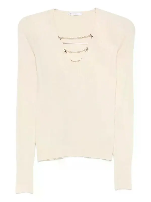 Patrizia Pepe Chain-embellished Ribbed Knit Sweater - Neutrals