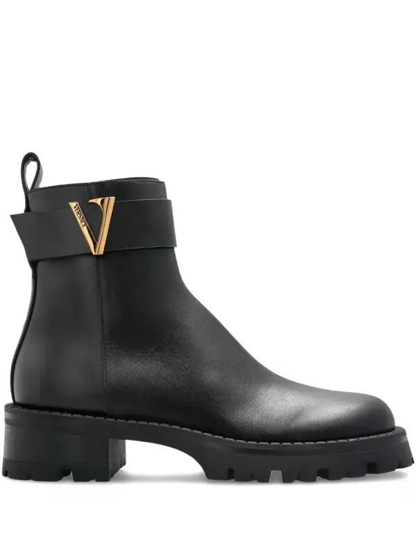 Versace V Hardware Leather Ankle Boots