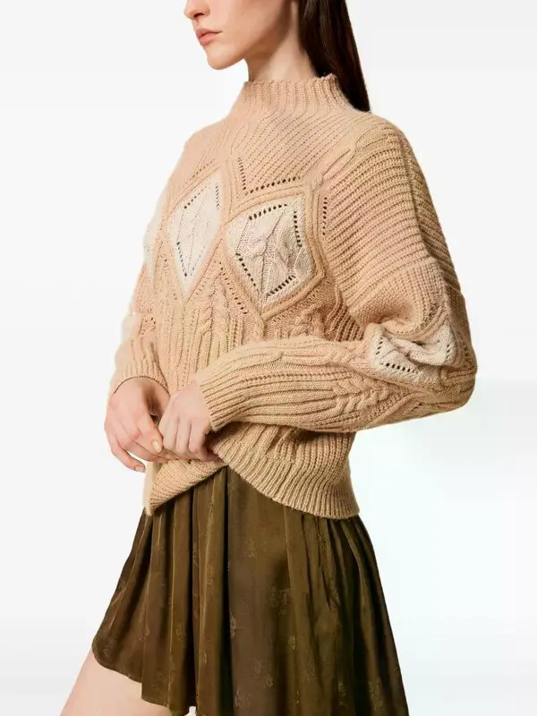 TWINSET Cable Knit Intarsia High Neck Jumper