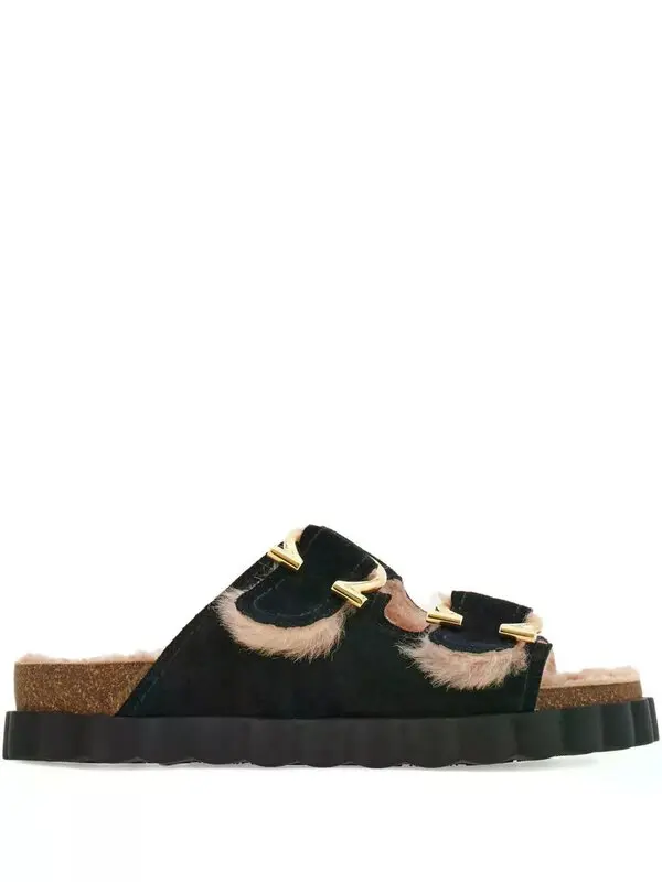 FERRAGAMO Gancini Buckle Suede And Shearling Trim Sandals