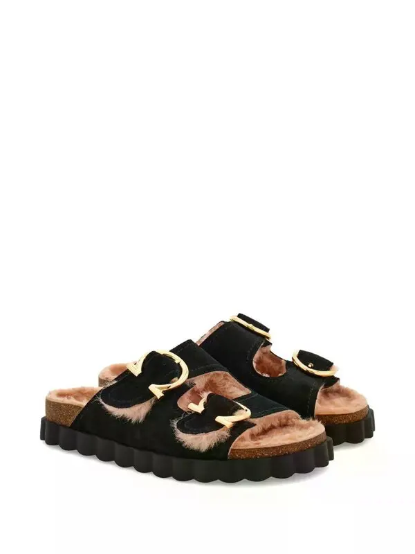 FERRAGAMO Gancini Buckle Suede And Shearling Trim Sandals