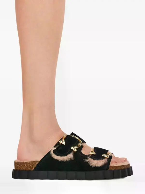 FERRAGAMO Gancini Buckle Suede And Shearling Trim Sandals